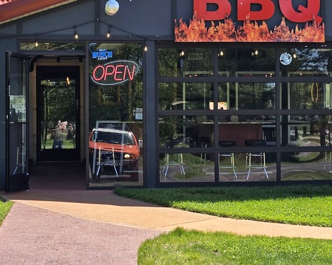 The neon "OPEN" sign at KRB's is the modern equivalent of smoke signals saying "come get your BBQ fix here."