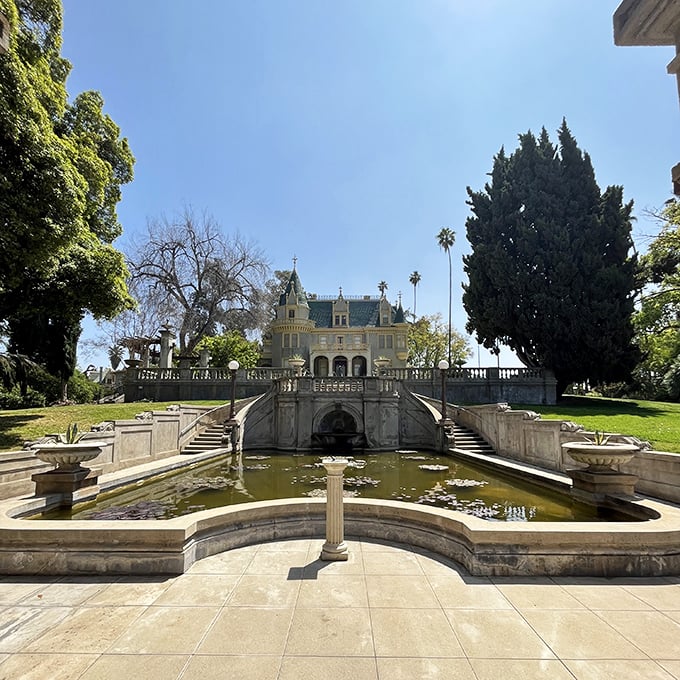 Kimberly Crest: Elegant stone steps lead to a reflecting pool in front of this magnificent mansion&mdash;Southern California's answer to European grandeur.