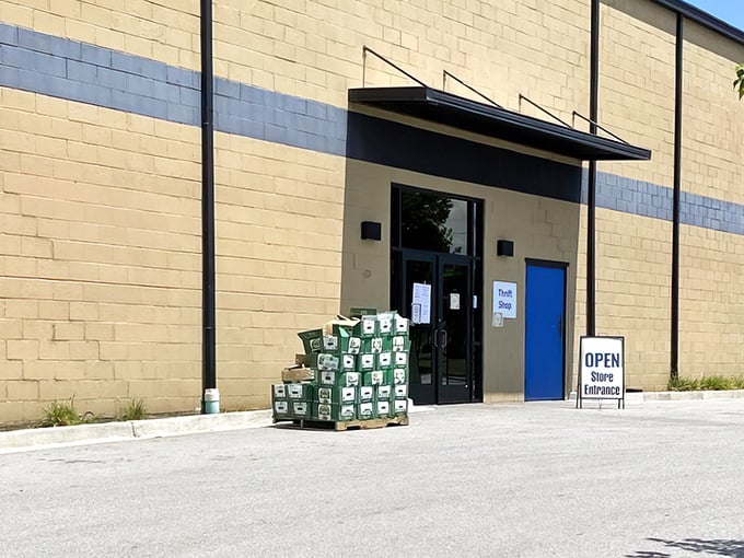 Simple, unassuming entrance hides a world of thrifty wonders. Sometimes the plainest doors lead to the best finds!