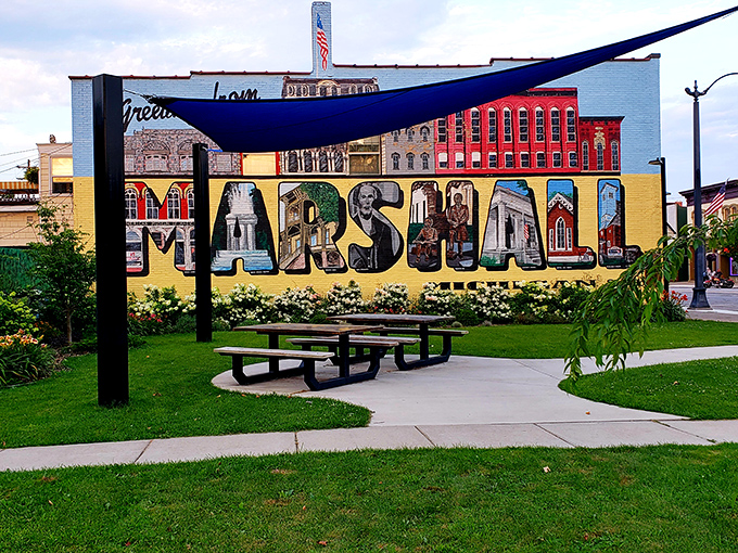 The colorful "Marshall" mural welcomes visitors to a town that takes its history seriously but knows how to have fun with it too.
