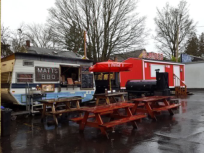 Rain or shine, Matt's BBQ keeps the fires burning. Those picnic tables have witnessed countless BBQ epiphanies.