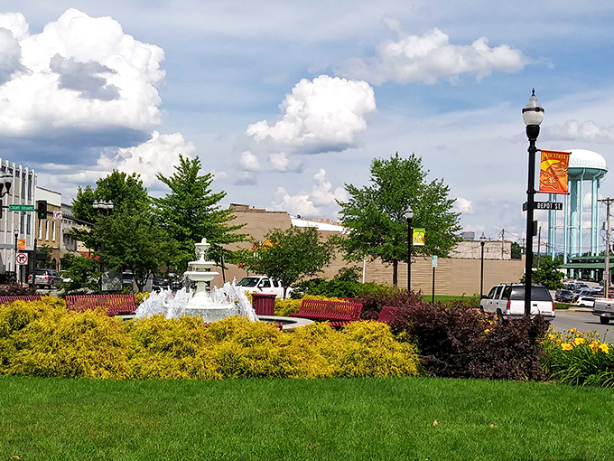 Downtown McMinnville's fountain plaza offers a refreshing oasis. Those yellow flowers add just the right pop of color!