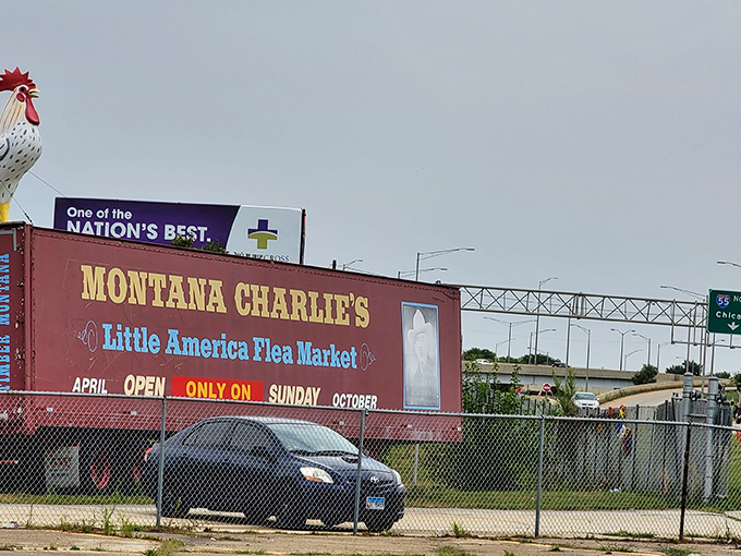 That proud rooster watches over a kingdom of collectibles and curiosities. Like a carnival barker with feathers, beckoning weekend treasure hunters!