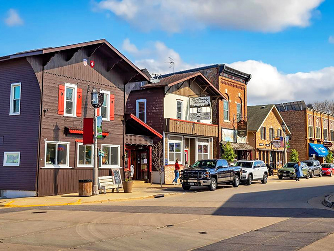 The heart of "America's Little Switzerland" features charming storefronts where you can find everything from handcrafted chocolates to authentic cuckoo clocks.