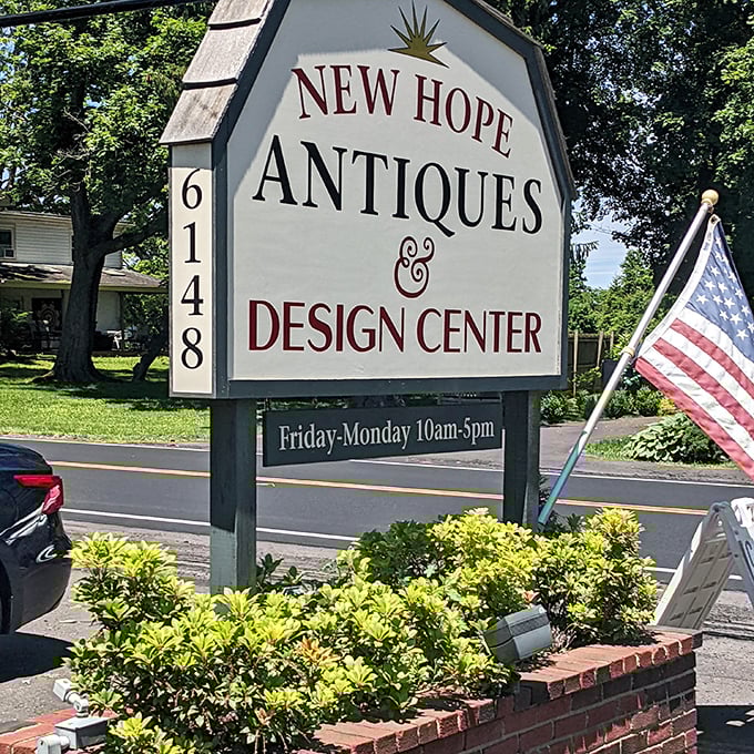 That sign says it all &ndash; antiques AND design. Where your grandmother's treasures meet your Pinterest board.