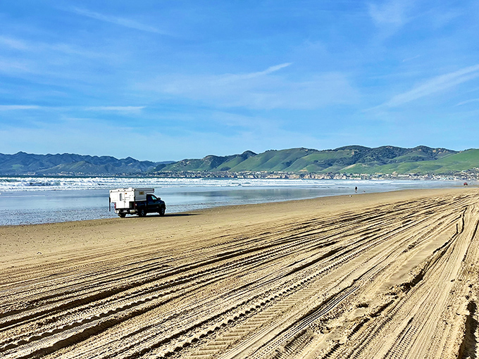 The golden stretch of Oceano where tire tracks become temporary art and every parking spot comes with an ocean view.
