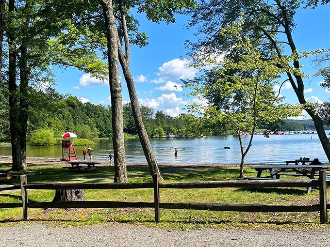 Lifeguard on duty! Palmyra's beach combines safety with scenery, letting parents relax while kids splash in crystal-clear shallows.