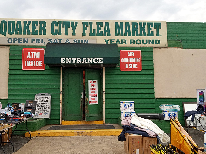 That green entrance promises climate-controlled treasure hunting! When the sign advertises both ATM and AC, you know you're in for civilized bargain hunting.