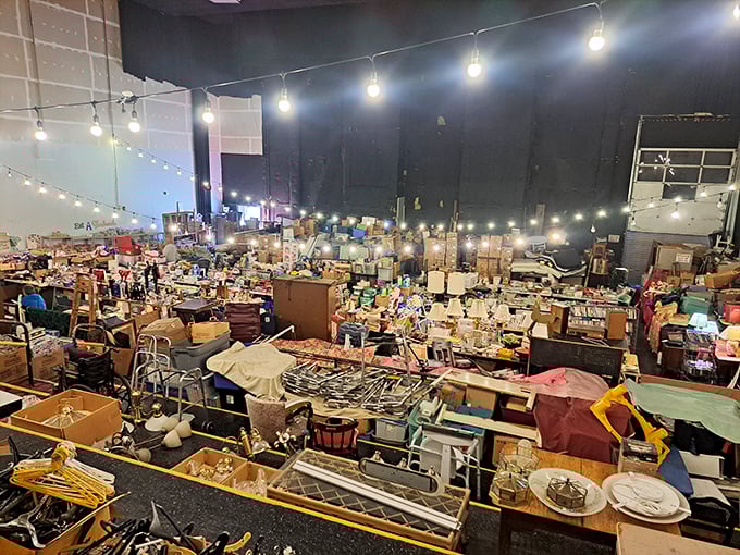 Treasure hunting after dark! String lights create a magical atmosphere at Rossi's where furniture and collectibles await new homes.