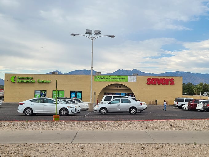 The desert sun highlights this beige building where one person's castoffs become another's treasures.
