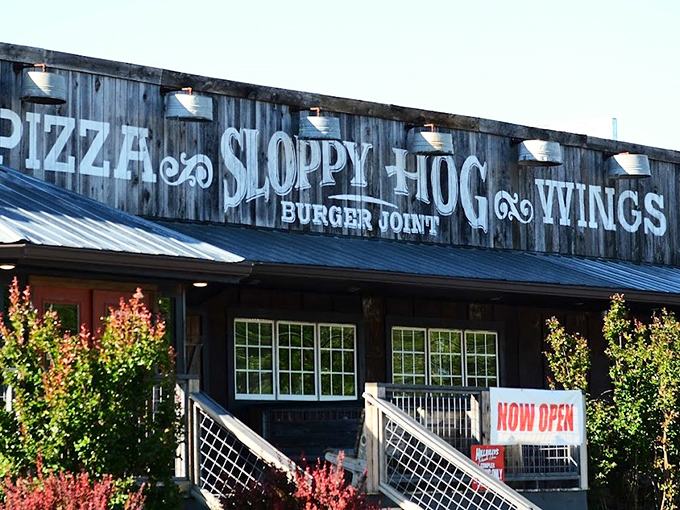 "PIZZA, SLOPPY HOG, WINGS" &ndash; this mountain eatery's sign promises a trifecta of comfort food that would make a lumberjack weep.