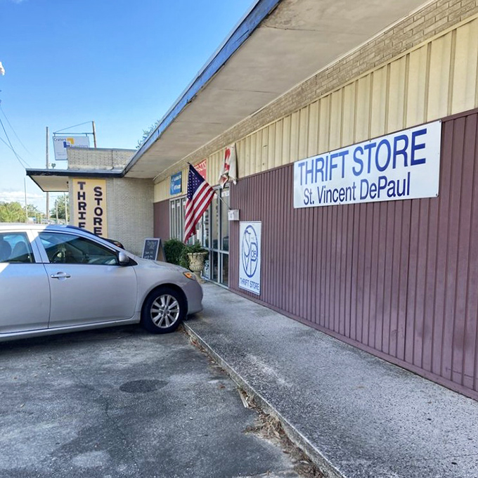 The American flag waves proudly outside this community-supporting thrift haven. Patriotic bargain hunting at its finest!