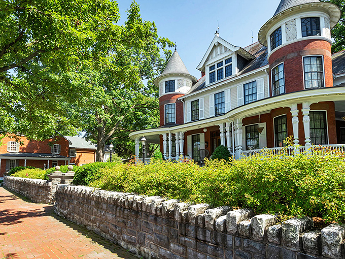 Milford's patriotic spirit shines through its historic buildings, where American flags wave welcome against red brick backdrops.