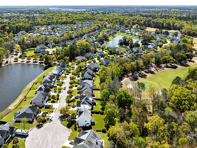Summerville's aerial view reveals peaceful neighborhoods nestled around ponds&mdash;suburban living with a distinctly Southern pace. 