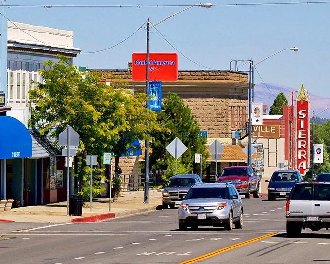 Showtime in Susanville! The Sierra Theatre's vintage marquee promises entertainment without big-city prices, while Bank of America confirms civilization hasn't been completely abandoned.