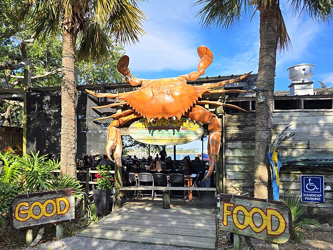 "GOOD FOOD" signs point the way to crustacean heaven. The Crab Shack's massive crab entrance is like the pearly gates for seafood lovers.
