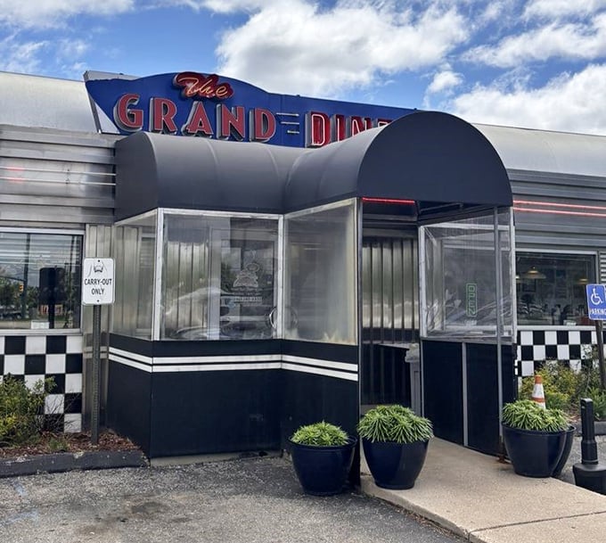 This classic silver diner with its retro entrance looks like it time-traveled from the 1950s, bringing perfect pancakes along for the ride.