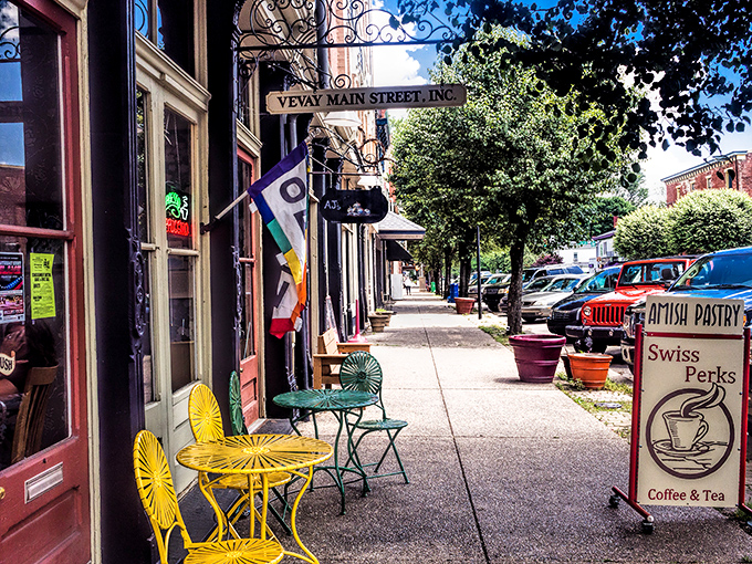 "Swiss Perks" indeed! Vevay's sidewalk cafes with those sunshine-yellow tables are practically begging you to sit and watch the world stroll by.