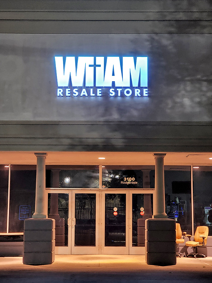 WHAM's illuminated sign glows like a beacon for night-owl bargain hunters seeking last-minute treasures.