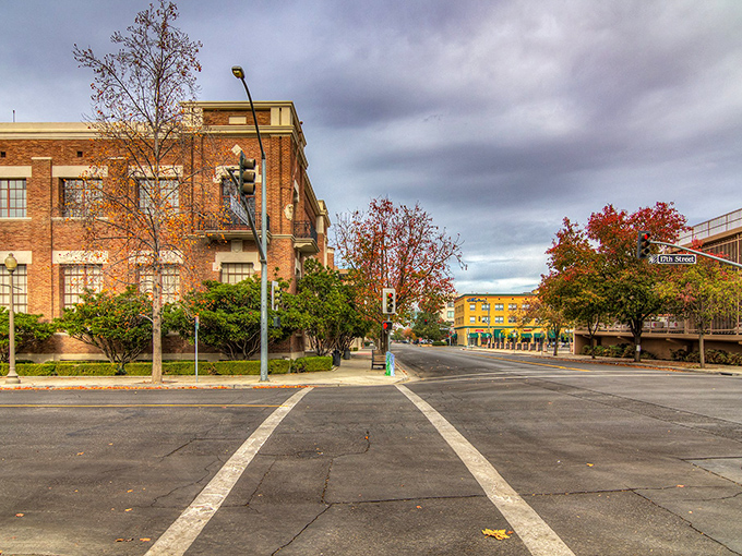 Fall colors transform this downtown street corner into a Norman Rockwell painting come to life, minus the East Coast humidity and pretentiousness.