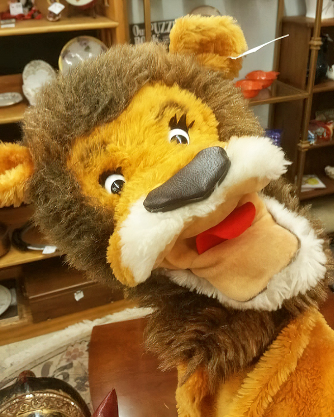 This vintage lion puppet looks like he's auditioning for the next Wes Anderson film while judging your life choices.