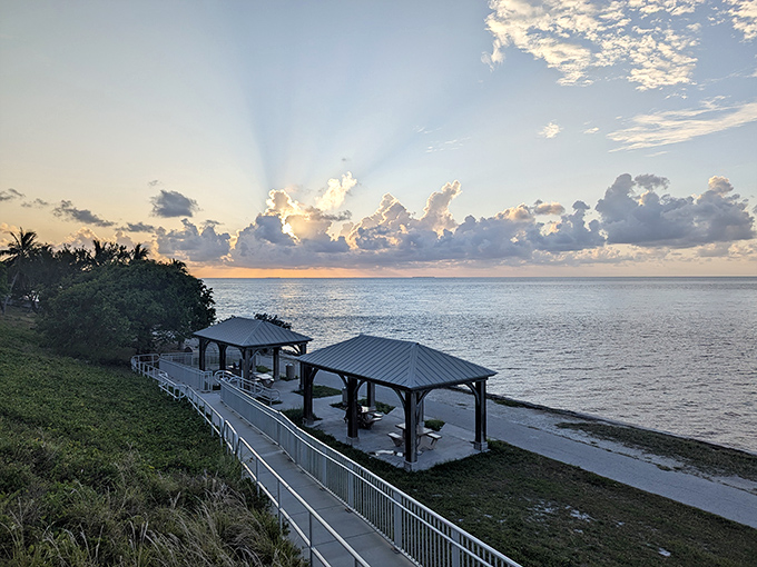 Sunset transforms these waterfront pavilions into front-row seats for nature's nightly light show. Standing ovations guaranteed.