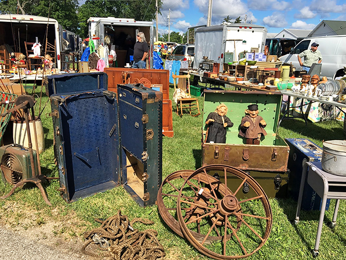 From vintage trunks to antique dolls, this eclectic display showcases the beautiful randomness that makes flea market shopping an adventure in serendipity.