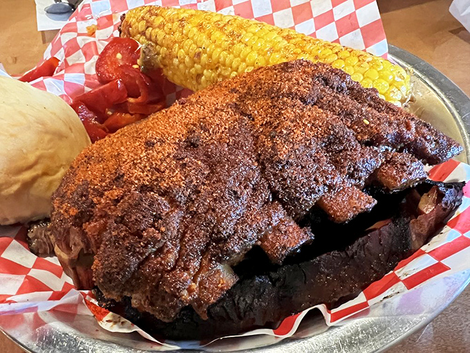 These ribs have that perfect bark that makes barbecue aficionados weak in the knees. The corn's just showing off.