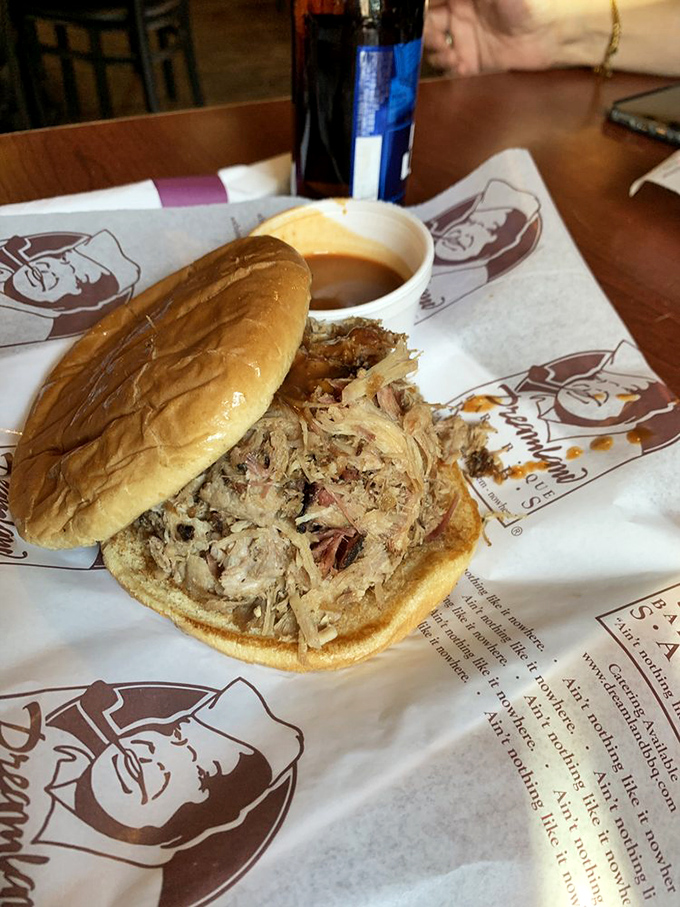 A sandwich so honest it belongs in politics – just pure pulled pork on a bun with sauce standing by for diplomatic relations.