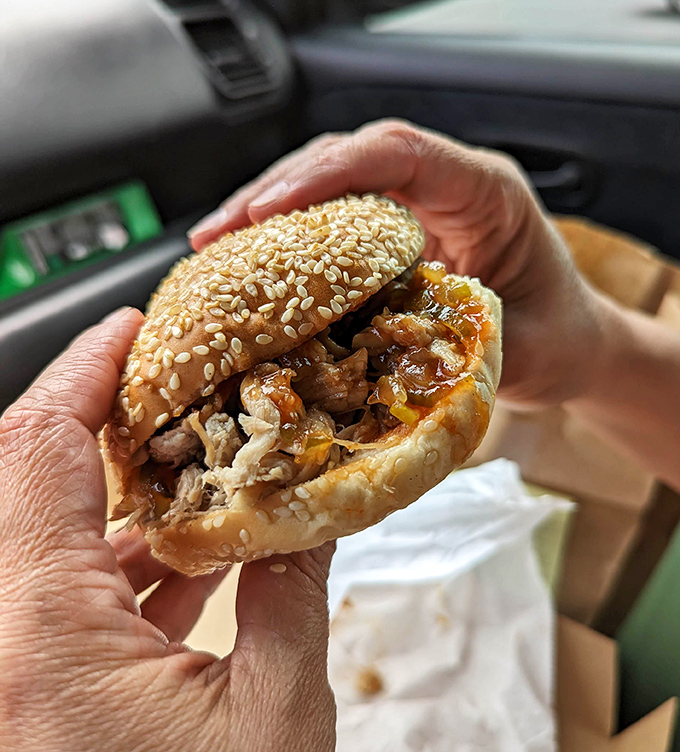 The BBQ sandwich, clutched like treasure, proves some of life's greatest pleasures still come on a sesame seed bun for less than a streaming subscription.