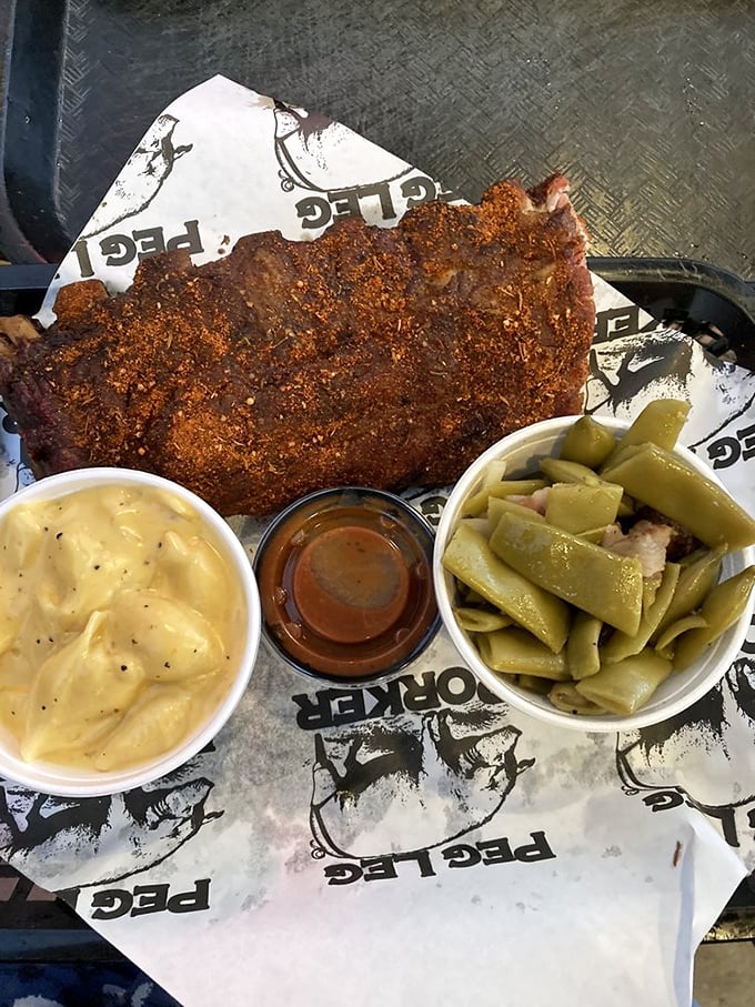 Dry-rubbed ribs with sides of potato salad and green beans&mdash;a plate that makes vegetarians question their life choices from across the room.