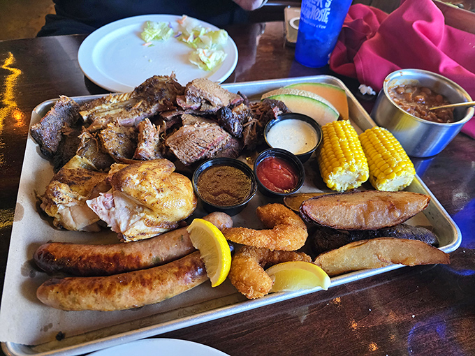 The barbecue sampler: because choosing just one protein would be like picking your favorite child, impossible.