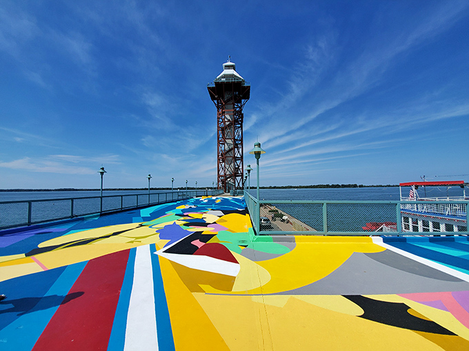 The Bicentennial Tower stands sentinel over a canvas of colorful concrete art, proving that sometimes the best views come after a climb.