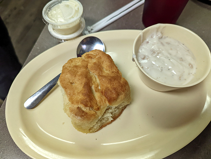 That biscuit looks like it's auditioning for a Southern food calendar&mdash;tall, proud, and ready for its close-up.