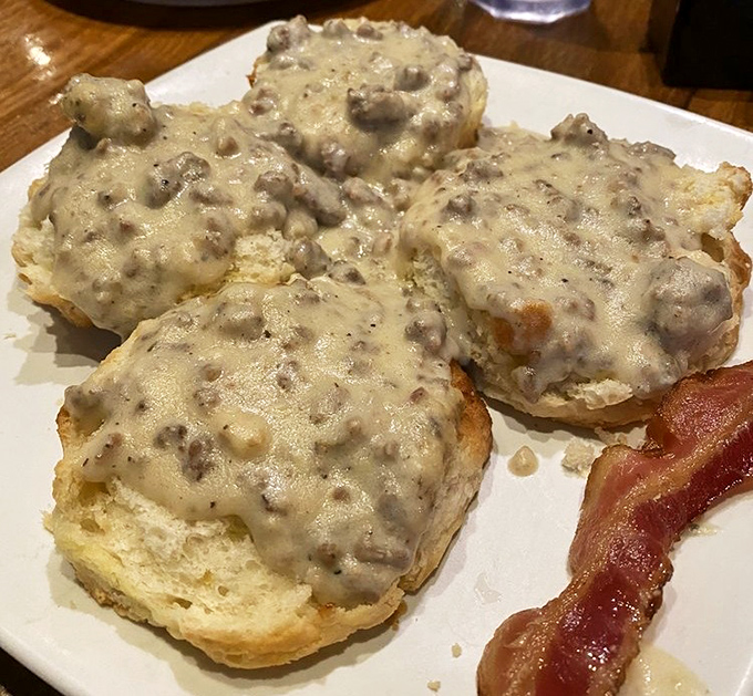 Biscuits and gravy that would make your grandmother both proud and jealous&mdash;pillowy clouds of dough swimming in savory sausage gravy.