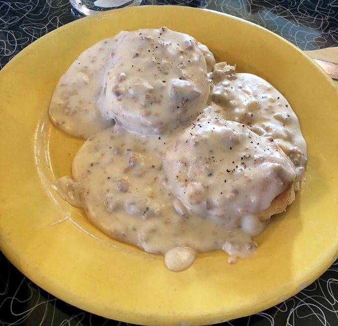 Biscuits swimming in country gravy &ndash; the breakfast equivalent of a warm hug from your favorite grandma after a long journey.