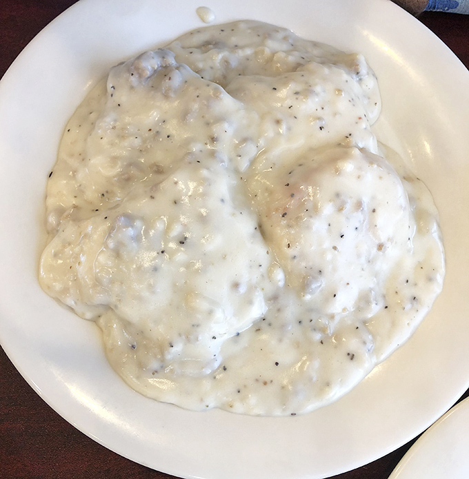 Biscuits and gravy so creamy and peppery they could make a grown Floridian weep with joy. This isn't breakfast&mdash;it's an edible hug.