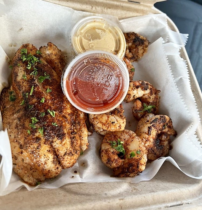 Blackened fish and shrimp with two dipping sauces? It's like they read my diary and created my perfect meal.