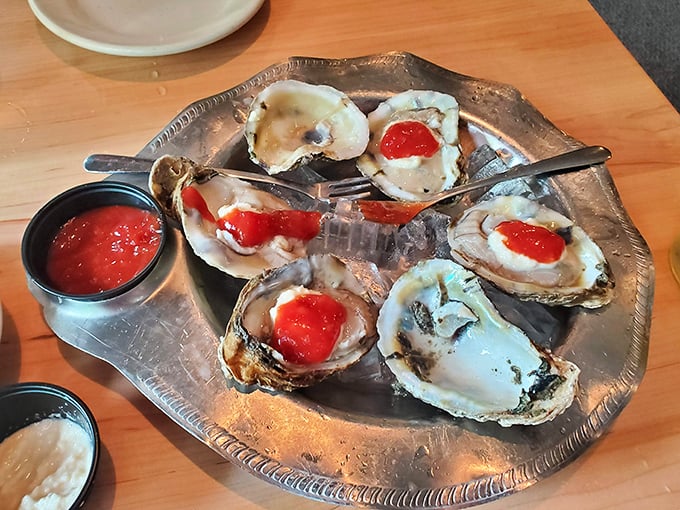 Blue Point Oysters on ice with cocktail sauce &ndash; the ocean's perfect appetizer, served miles from any coastline.