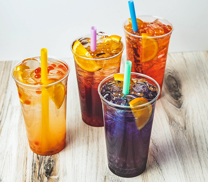 Colorful boba teas provide the perfect sweet refreshment to cool down your spicy chicken experience.