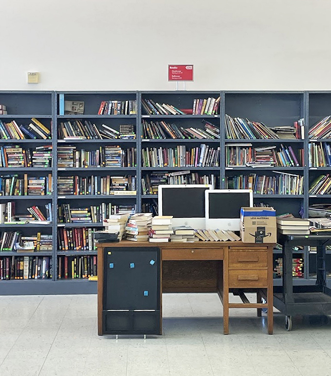 Books upon books create a secondhand library where forgotten bestsellers and timeless classics share shelf space democratically.