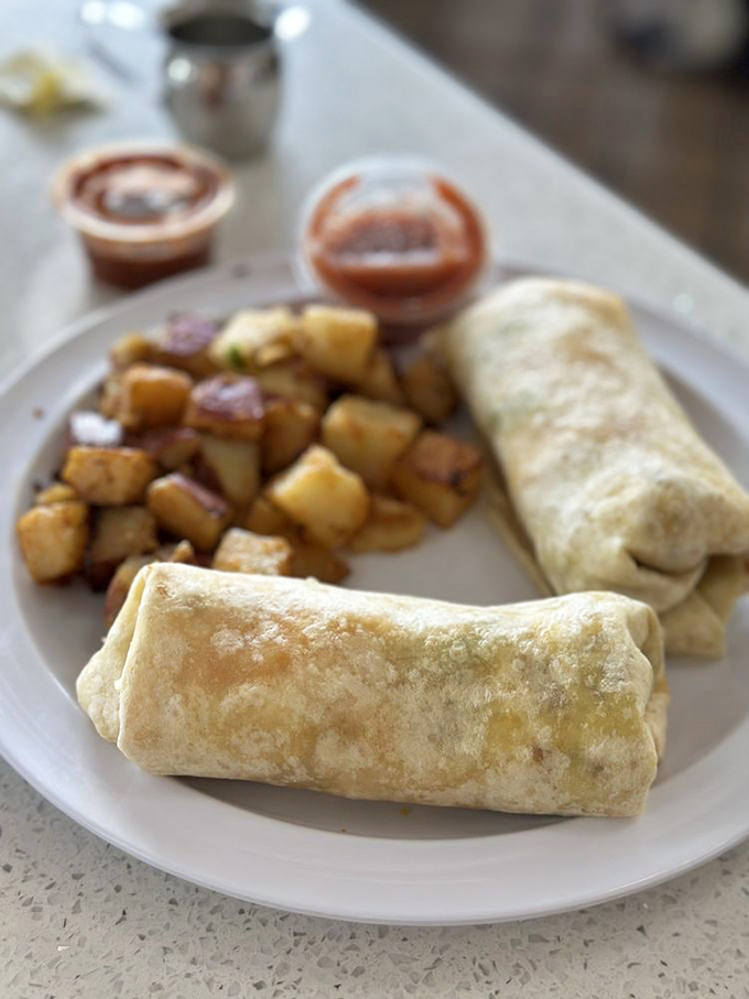 The breakfast burrito&mdash;nature's perfect food delivery system. Portable perfection with those crispy-edged potatoes that deserve their own fan club.