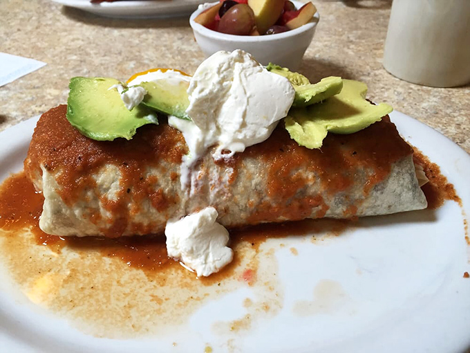A breakfast burrito that deserves its own documentary series. Perfectly wrapped, sauce-kissed, and topped with avocado slices arranged like a green crown.