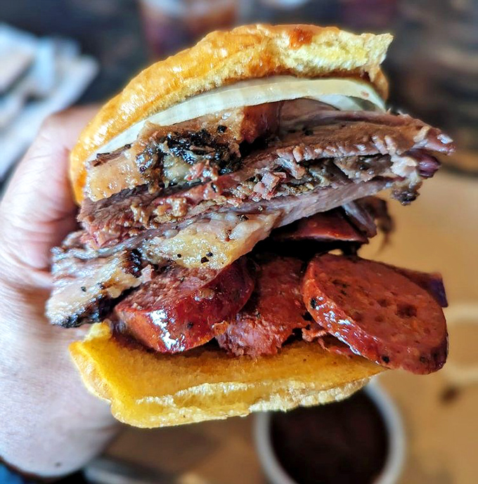 This sandwich doesn't just have layers of meat – it has layers of flavor that would make Shrek say, "Brisket has layers, Donkey!"