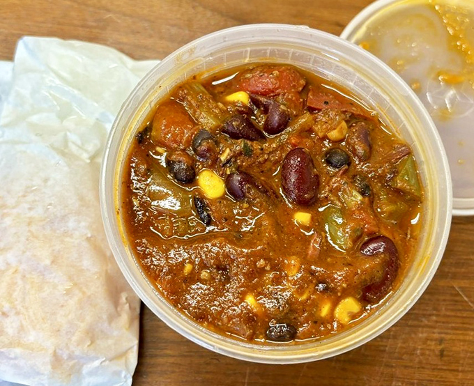 Brisket chili that looks like it's been simmering since breakfast, packed with beans and veggies. Comfort food that hugs you from the inside out.