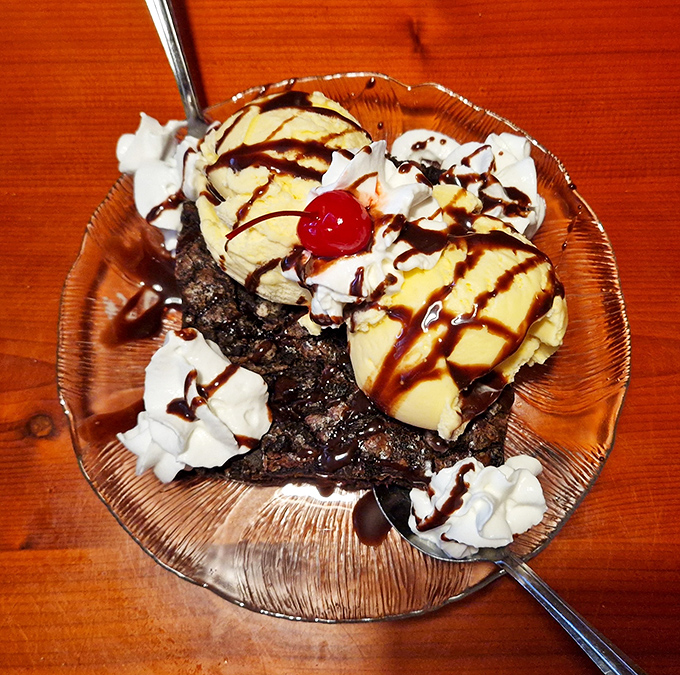 A brownie sundae that demands to be shared&mdash;or not. This chocolate monument topped with ice cream is worth saving room for.