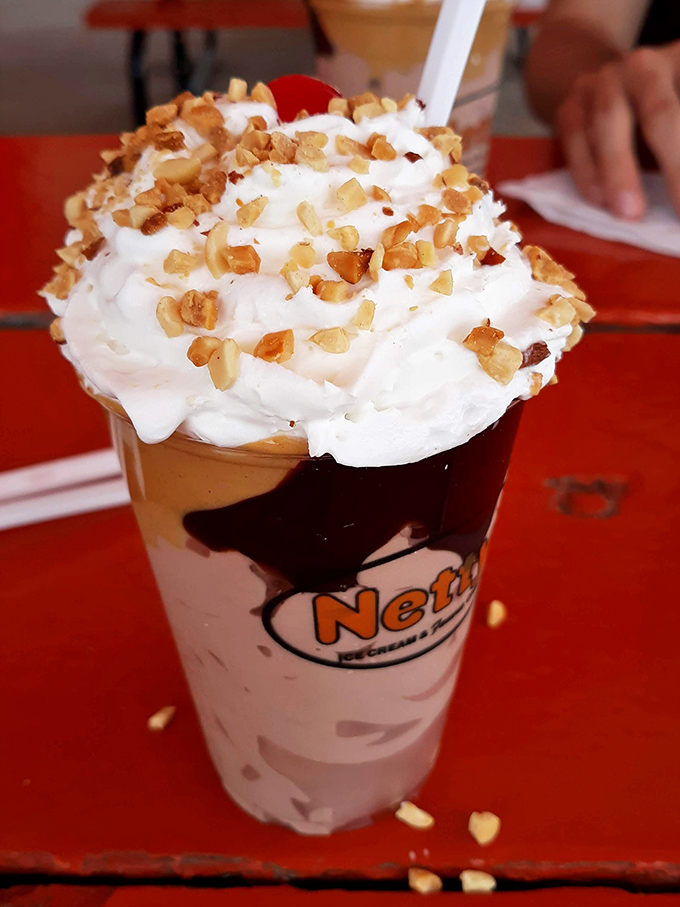 A sundae that's wearing more toppings than I wear layers in an Ohio winter. Whipped cream, nuts, and happiness in a glass.