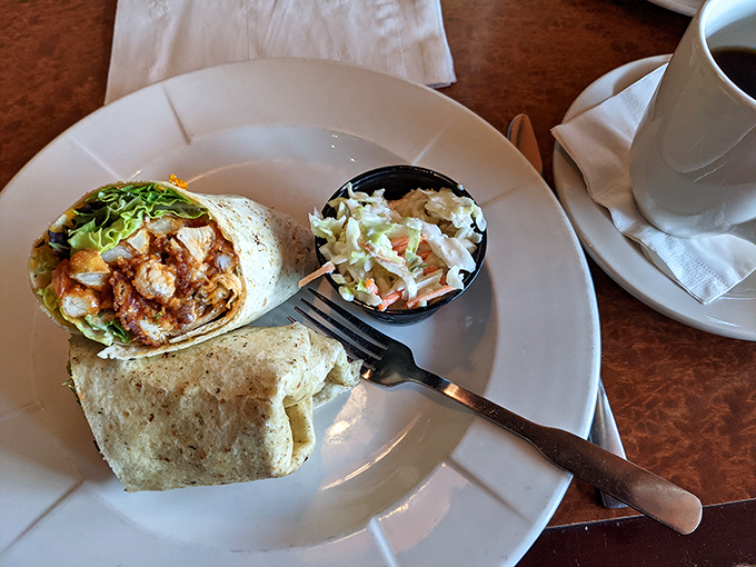 The Buffalo Chicken Wrap brings the heat and the sweet, with crisp coleslaw providing the perfect cool counterpoint.