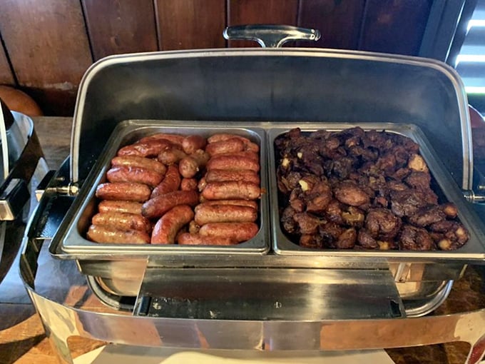 The breakfast battalion reporting for duty – sausages and potatoes lined up and ready to march straight to your plate.