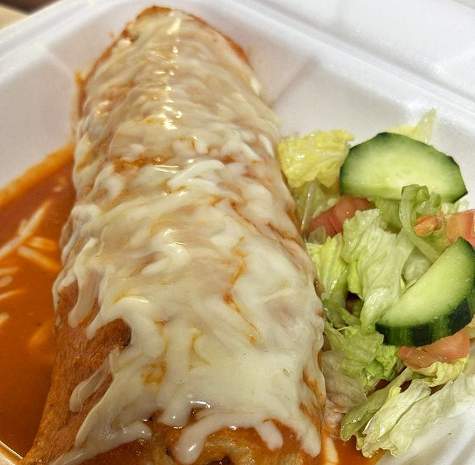 This burrito wears its enchilada sauce like a luxurious coat, the melted cheese cascading down its sides like delicious lava.